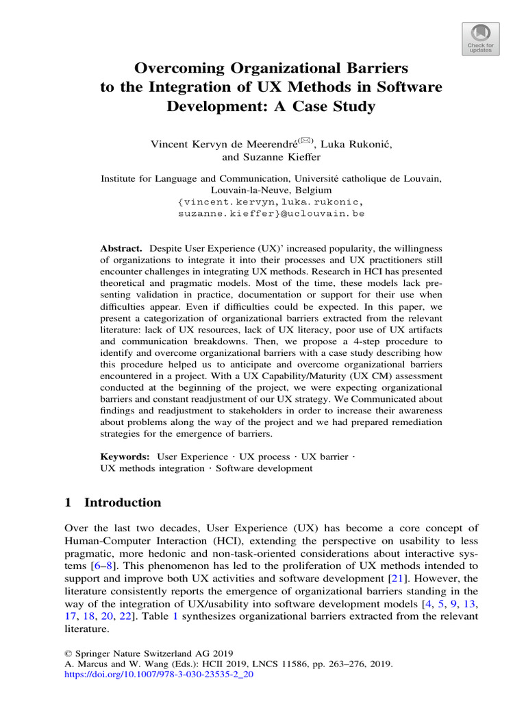 Overcoming Organizational Barriers To The Integration of UX Methods in Software Development: A ...