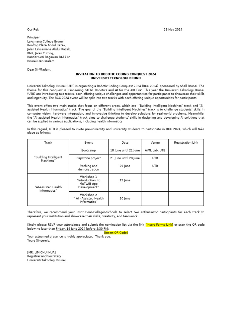 Invitation Letter For Robotic Coding Conquest 2024 UTB | PDF