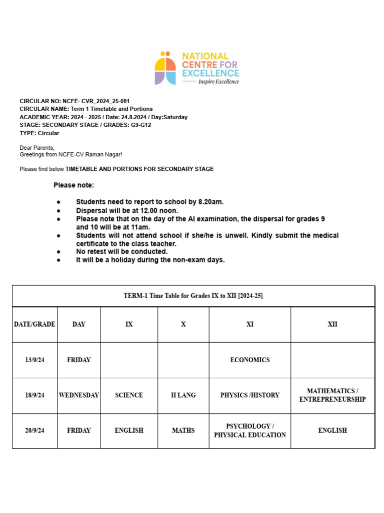 Circular -Term 1 -Timetable & Portions -Secondary Stage -NCFE-CVR -24 ...