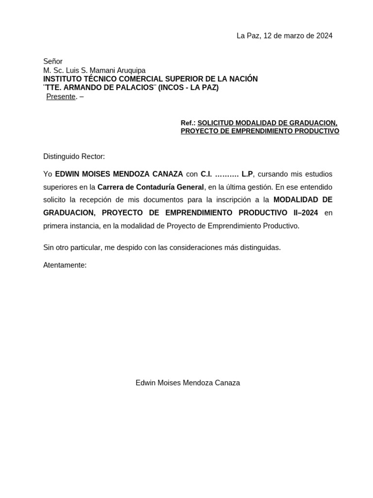 Carta de Solicitud Pasantia Edwin Mendoza | PDF | Teneduría de libros | Crecimiento personal y ...