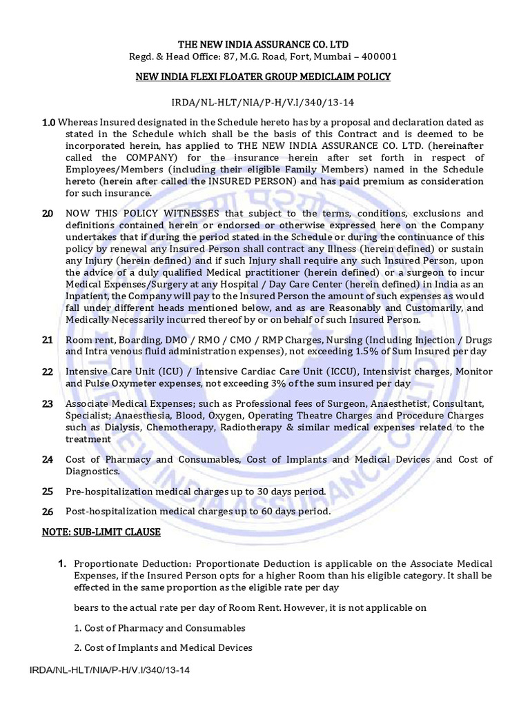 Icai Flexi Floater Group Mediclaim Policy | PDF