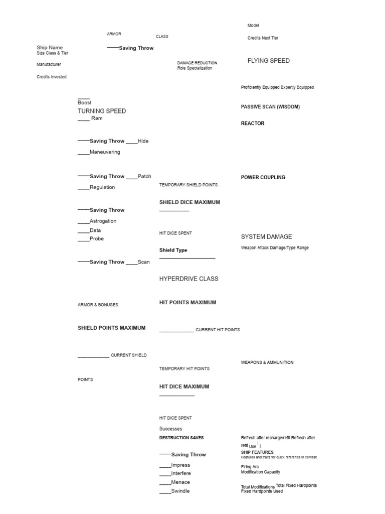 Sheet - Starship (Fillable) | PDF