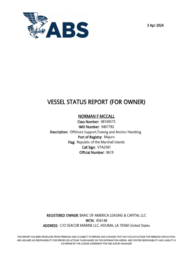 Norman F McCall Vessel Status Report | PDF | Tonnage | Watercraft