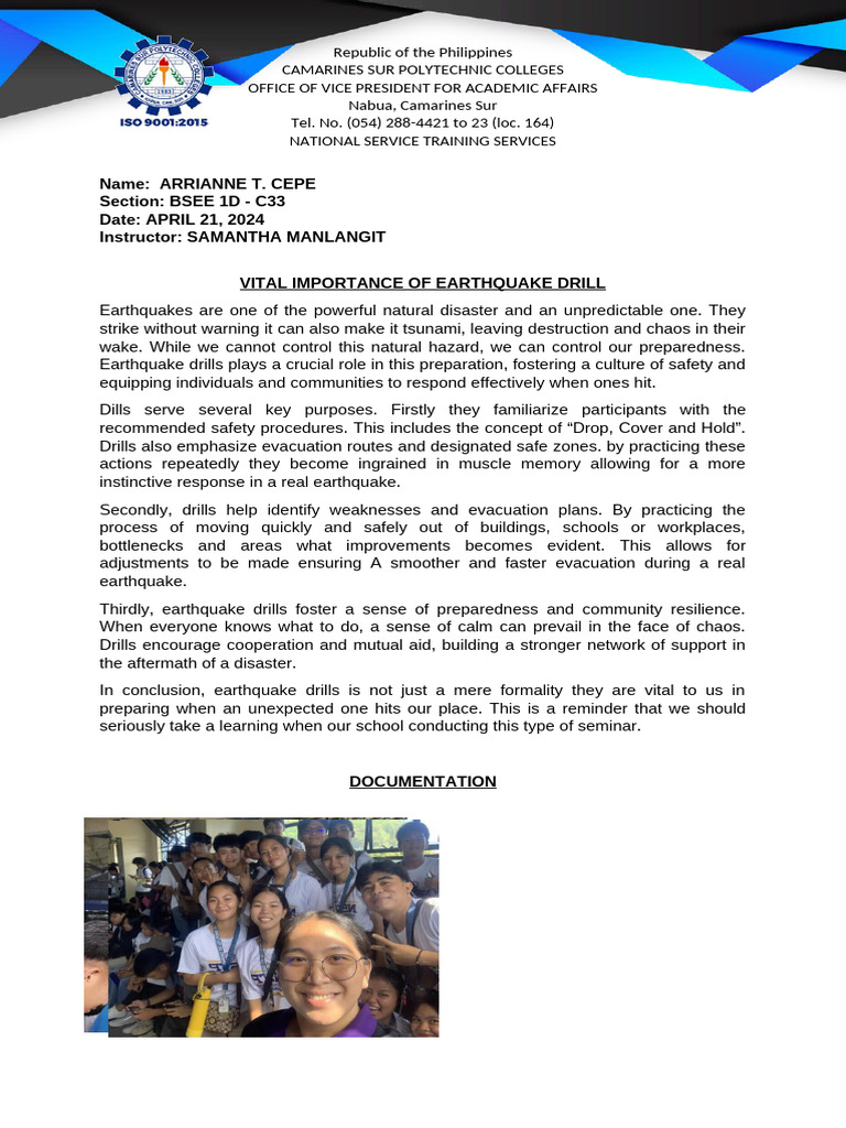 Narrative-Report-earthquake Drill | PDF