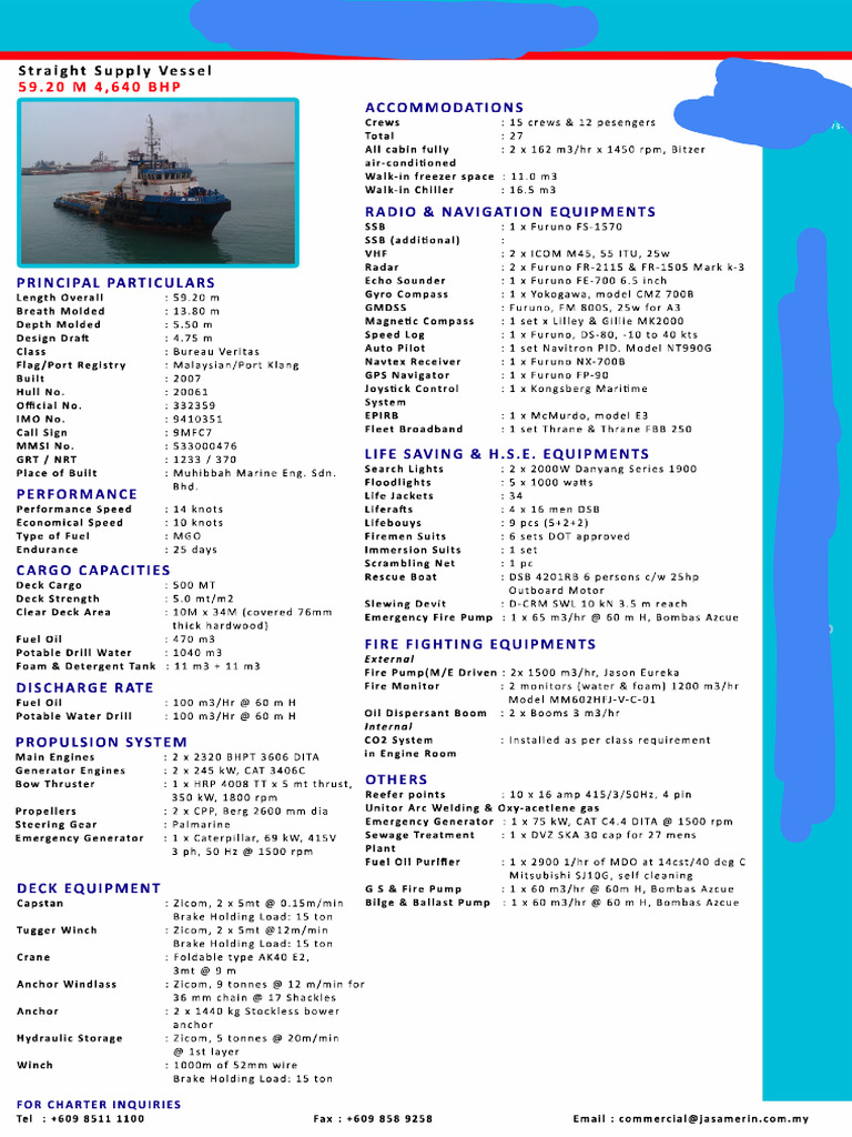 MV JM Indah - Technical Specifications & GA Plan | PDF