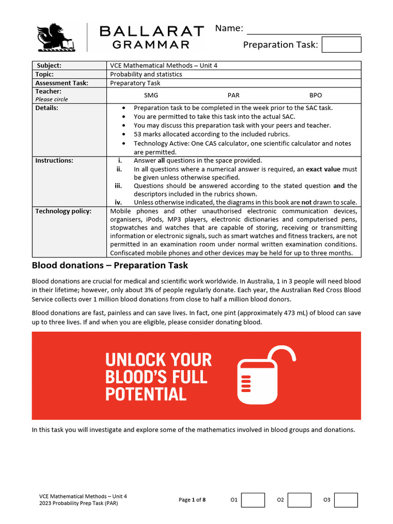 Yr12 Maths MM Unit 4 Probability and Statistics 2023 Prep Task | PDF | Probability Distribution ...