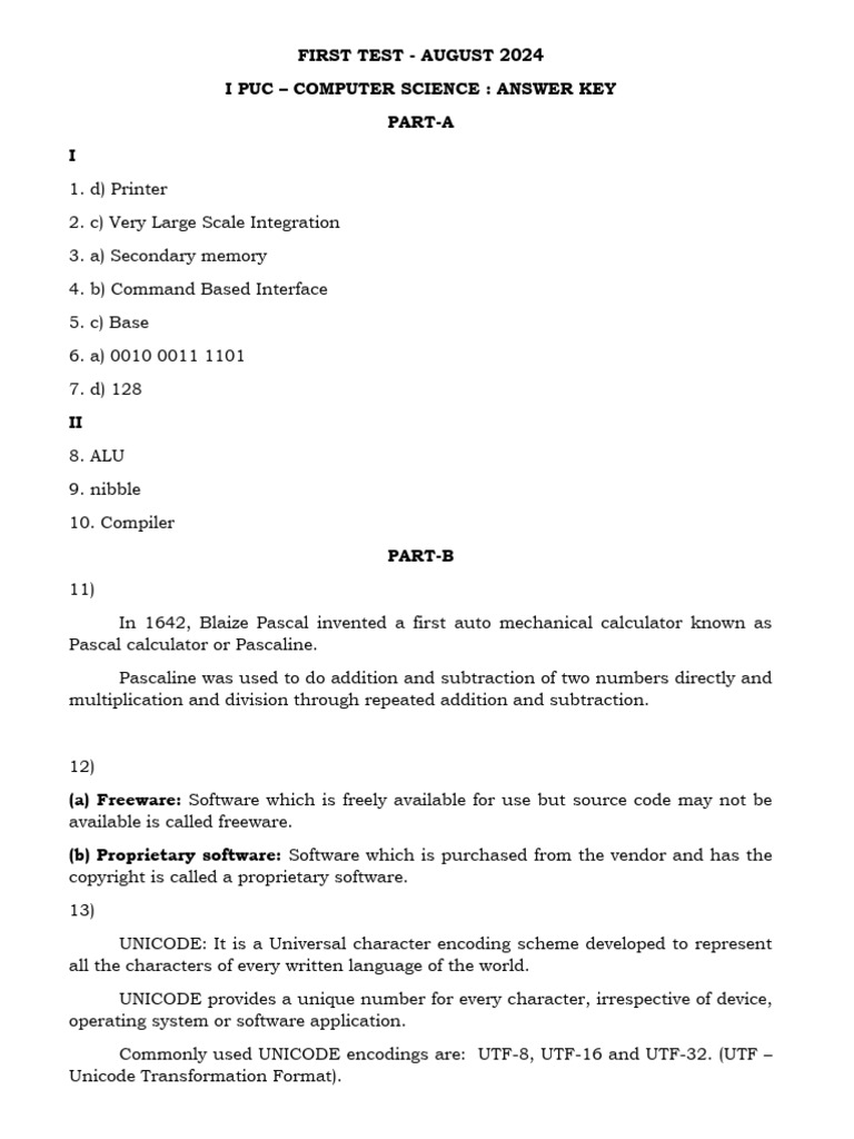 I QT - I Puc Cs - Answer Key | PDF