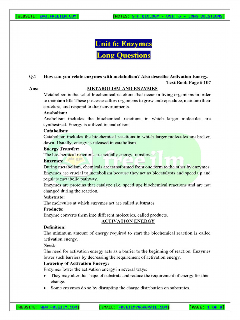 9th Bio Ch6 LongQ | PDF