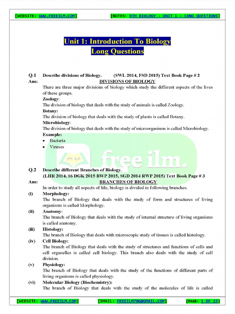 9th Bio Ch1 LongQ | PDF