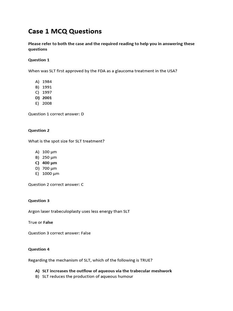 SLT Treatment MCQ Questions and Answers | PDF | Glaucoma | Self-Improvement