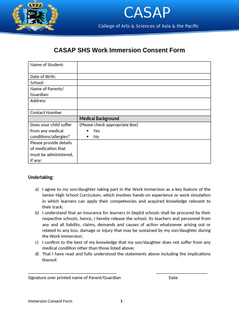 CASAP SHS Work Immersion Consent Form 1 | PDF