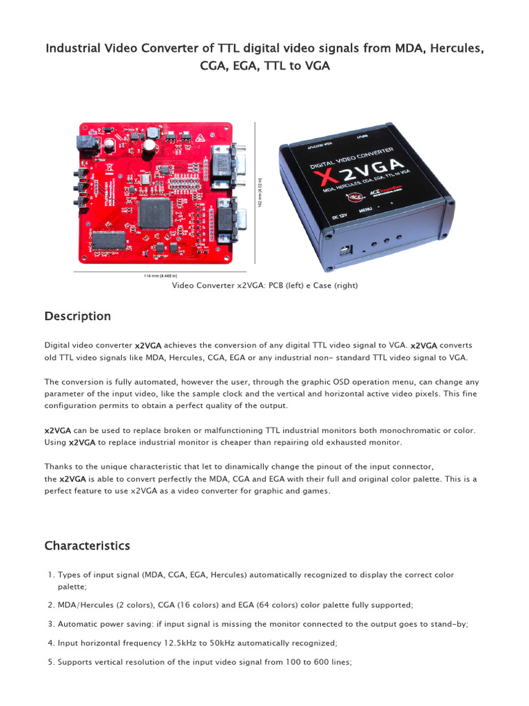 Industrial Video Converter x2VGA CGA, EGA, MDA, Hercules, TTL To VGA | PDF