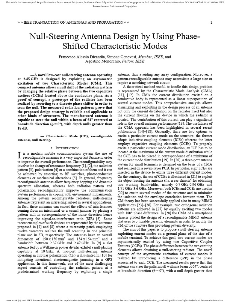 Null-Steering Antenna Design by Using PhaseShifted Characteristic Modes | PDF