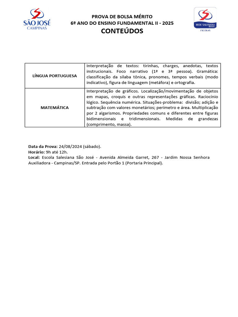 ESSJ - Prova de Bolsa Mérito - 6º Ano - EF II - 2025 - Conteúdo | PDF