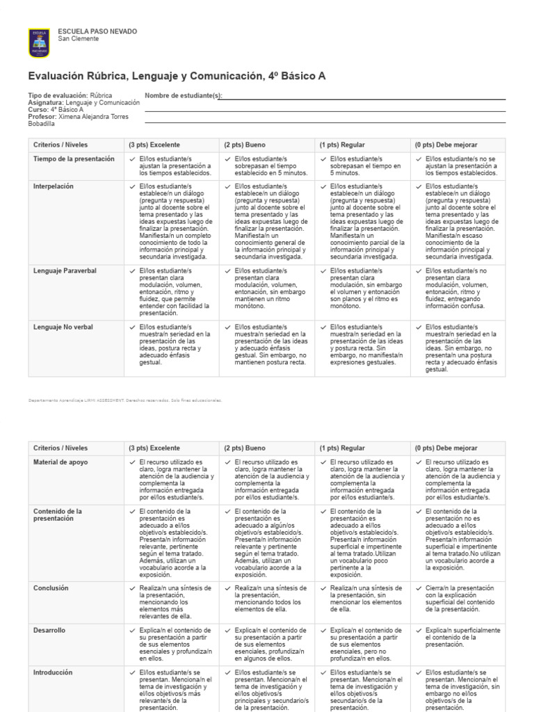 Evaluacion Rubrica Lenguaje y Comunicacion 4o Basico A 5723664 | PDF