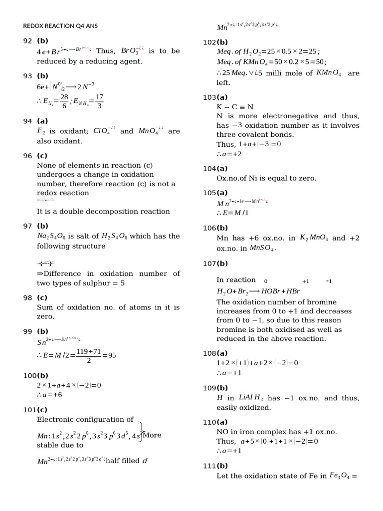 Redox Reaction Q4 ANS | PDF | Redox | Chemical Reactions