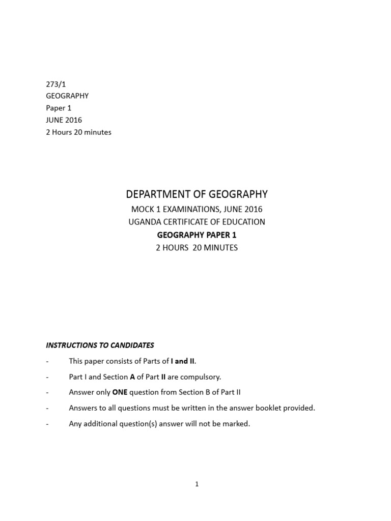 Department of Geography Mock 1 Examinations Geography Paper 1 | PDF ...