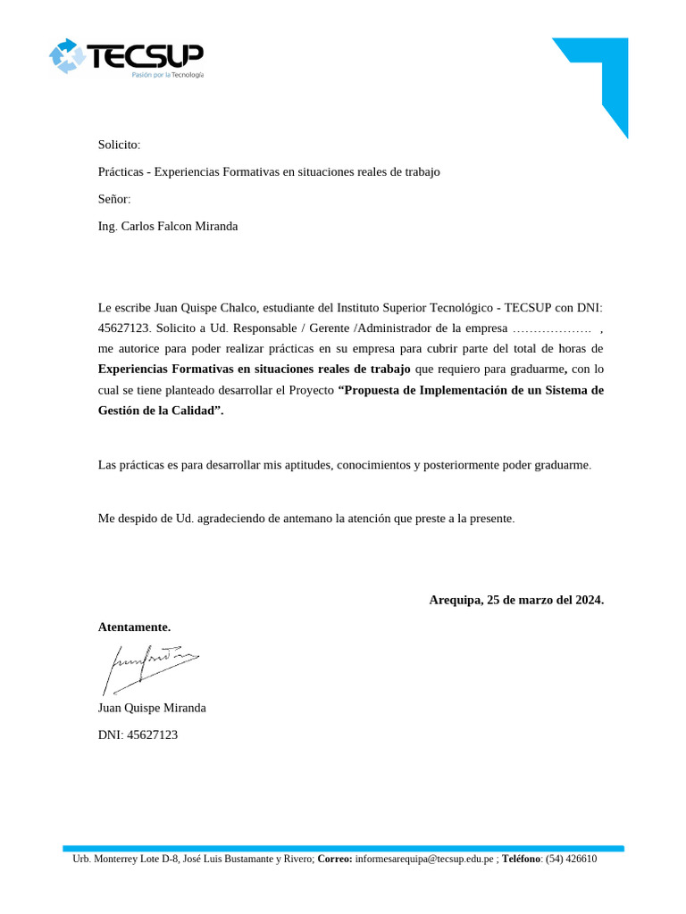Formato 1 - Solicitud de Practicas Experiencias Formativas - TECSUP ...