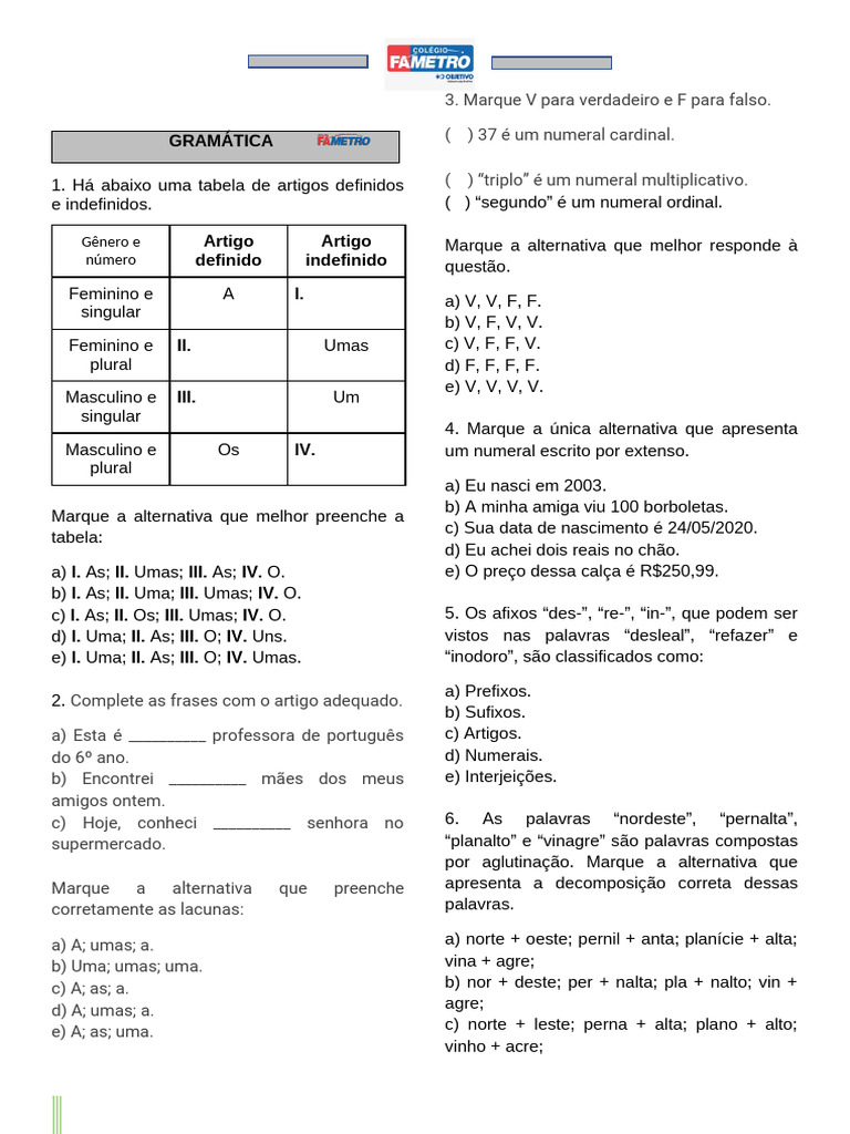 Simulado 6° Ano - Gramática | PDF