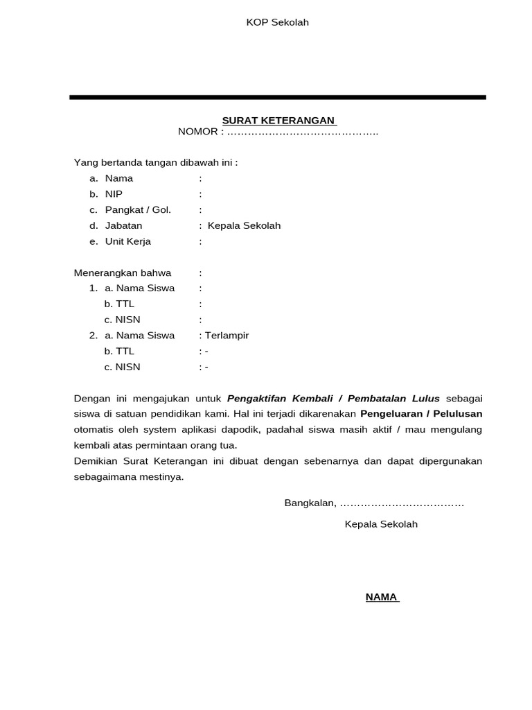 contoh surat keterangan batal lulus | PDF