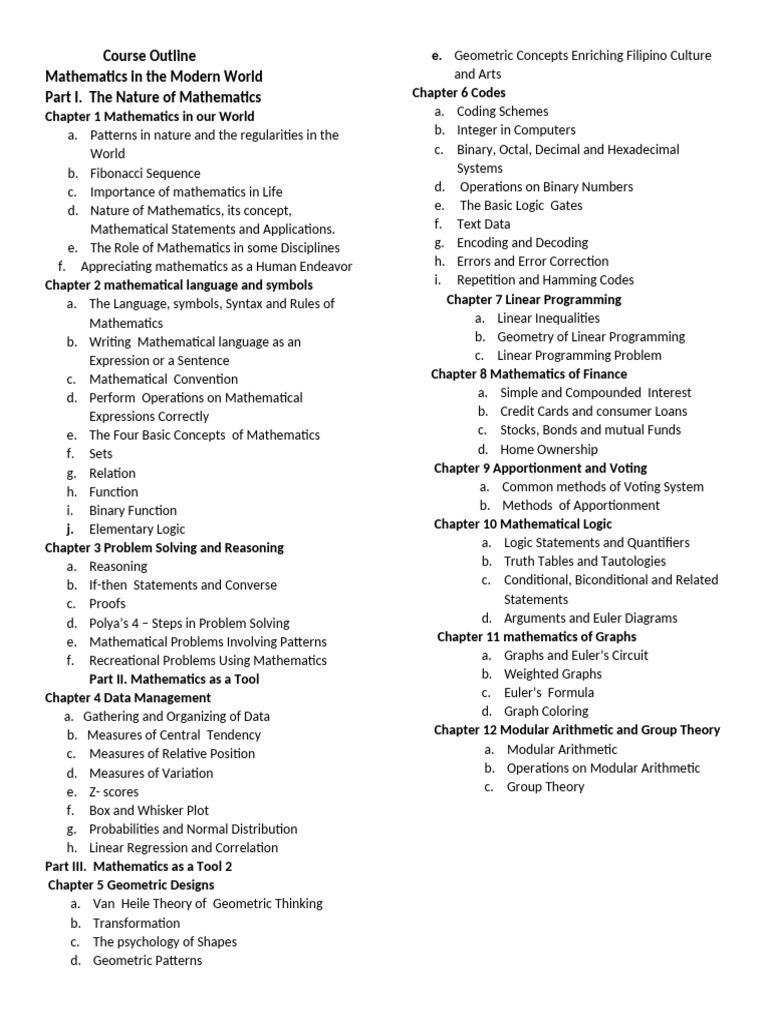 Course Outline Mathematics in the Modern World | PDF