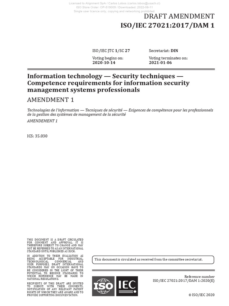ISO IEC 27021 2017 DAmd 1 (En) | PDF