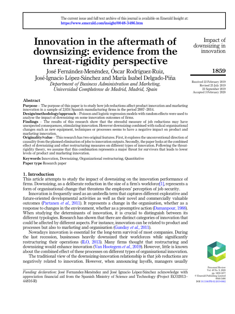 Innovation in The Aftermath of Downsizing: Evidence From The Threat-Rigidity Perspective | PDF