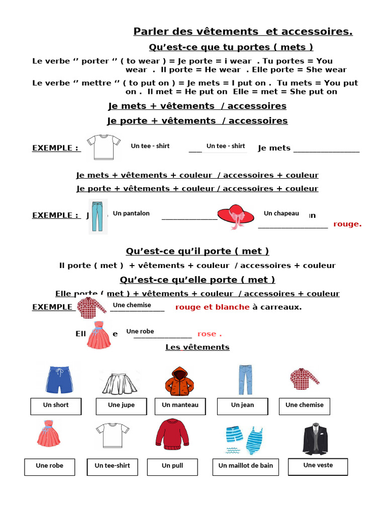 Vocabulaire des vêtements et accessoires | PDF | Vêtements | Non ...