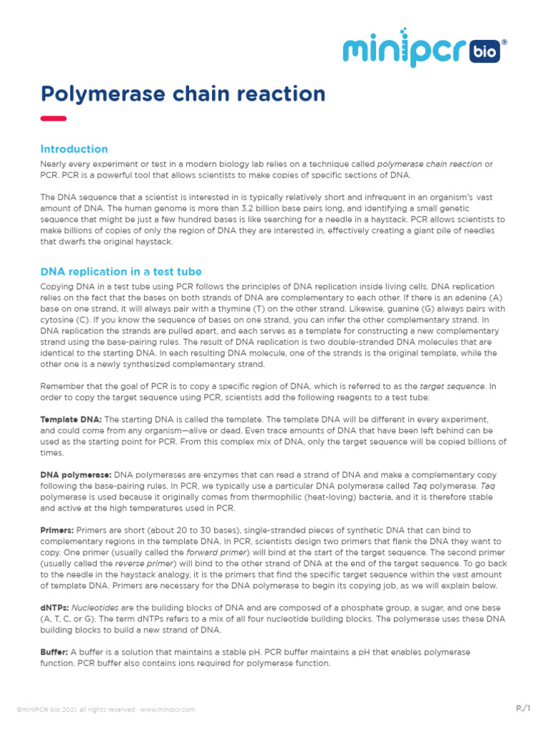MiniPCR Bio Intro PCR Final | PDF | Polymerase Chain Reaction | Science ...