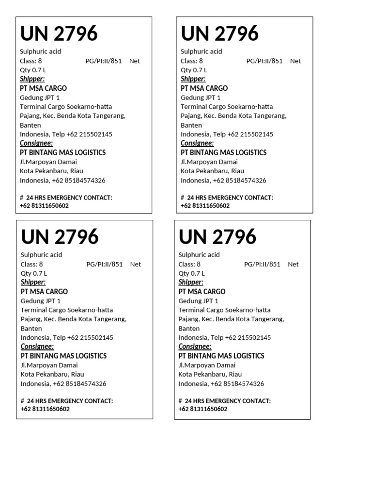 UN 2796 UN 2796: Shipper: Shipper | PDF