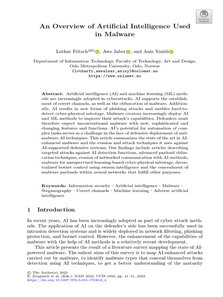 An Overview of Artificial Intelligence Used in Malware | PDF