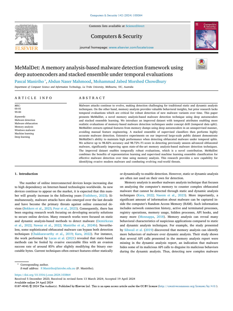 Memaldet A Memory Analysis Based Malware Detection Framework Using Deep