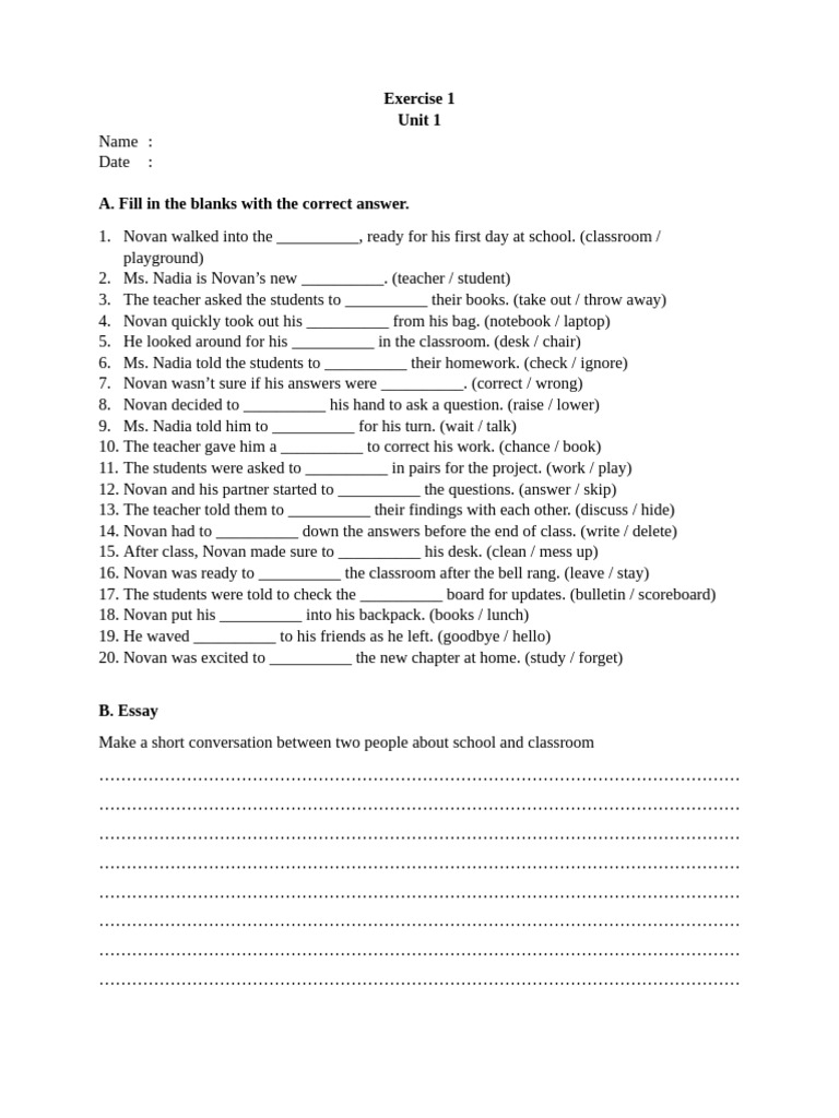 Exercise 1 - Classroom and School | PDF