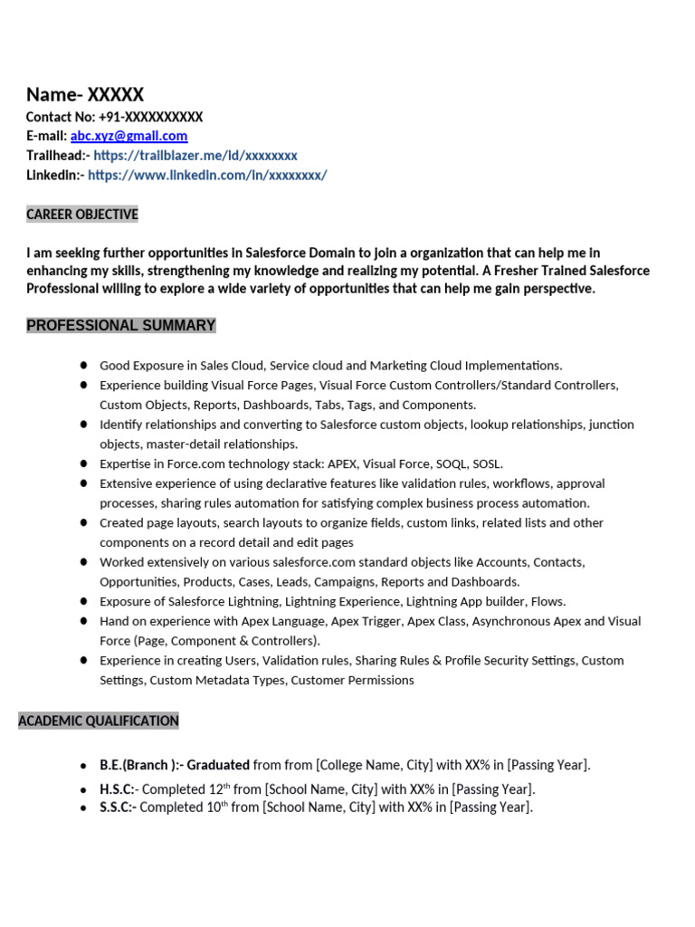SFDC Fresher Resume Format For Fresher & Experienced | PDF
