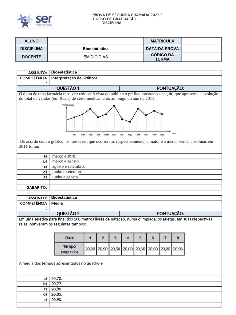 Bioestatistica PROVA Segunda Chamada | PDF