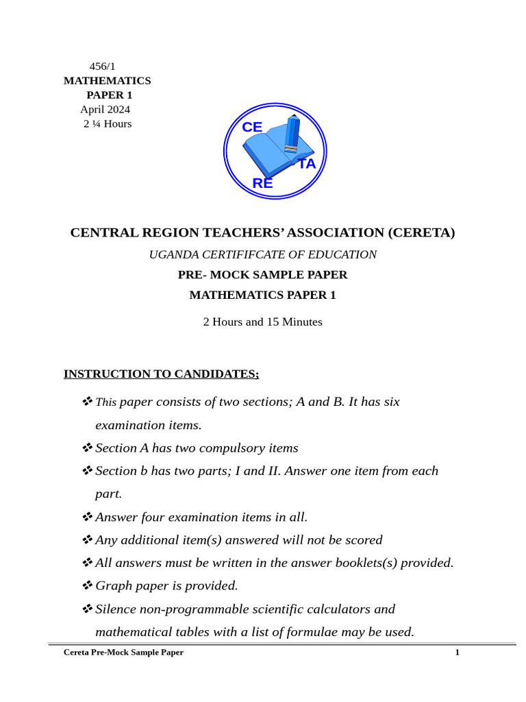 UCE MATH SAMPLE PAPER 1 | PDF