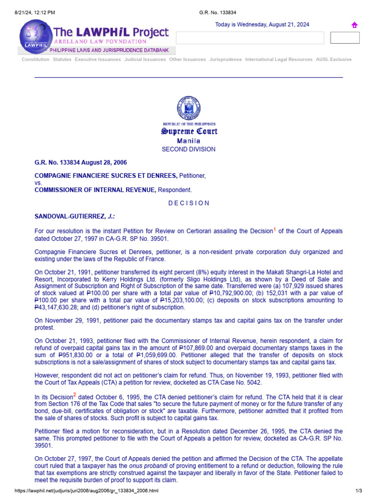 Compagnie Financiere Sucres Et Denrees v. Cir | PDF