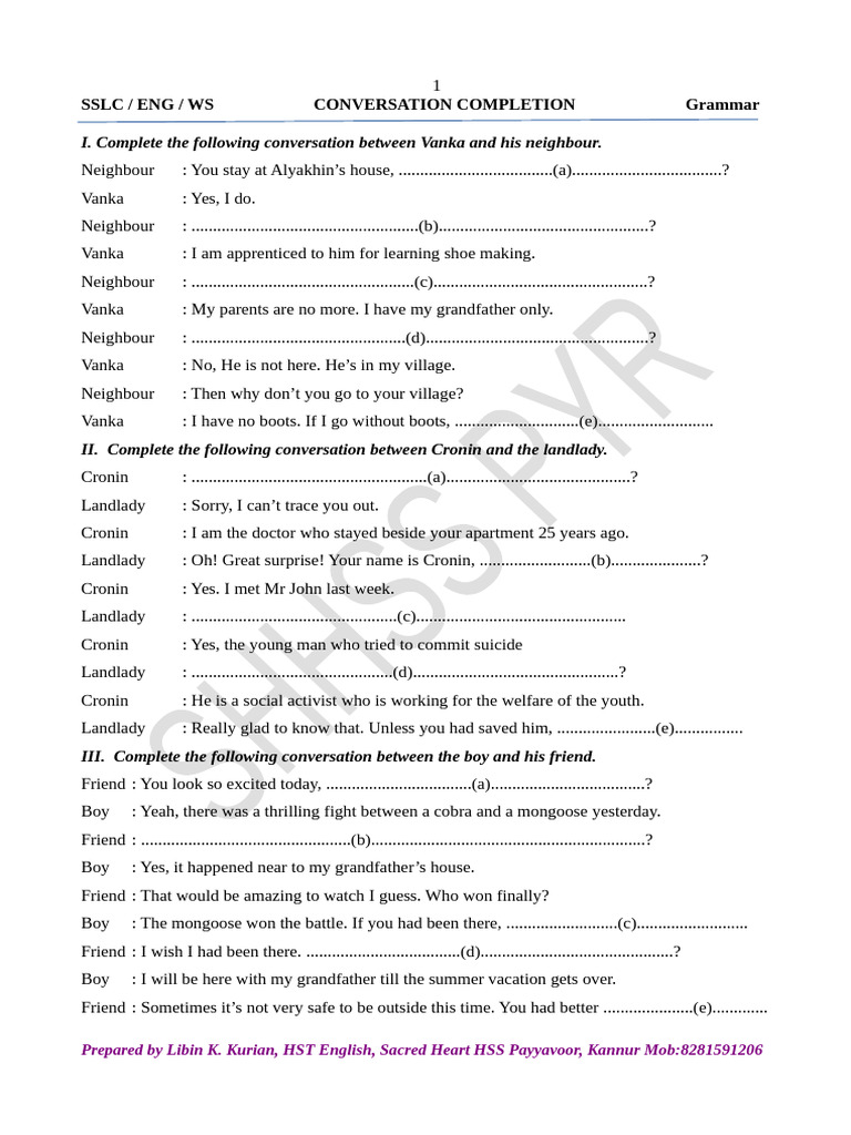 WS Conversation Completion Class 10 | PDF | Home & Garden