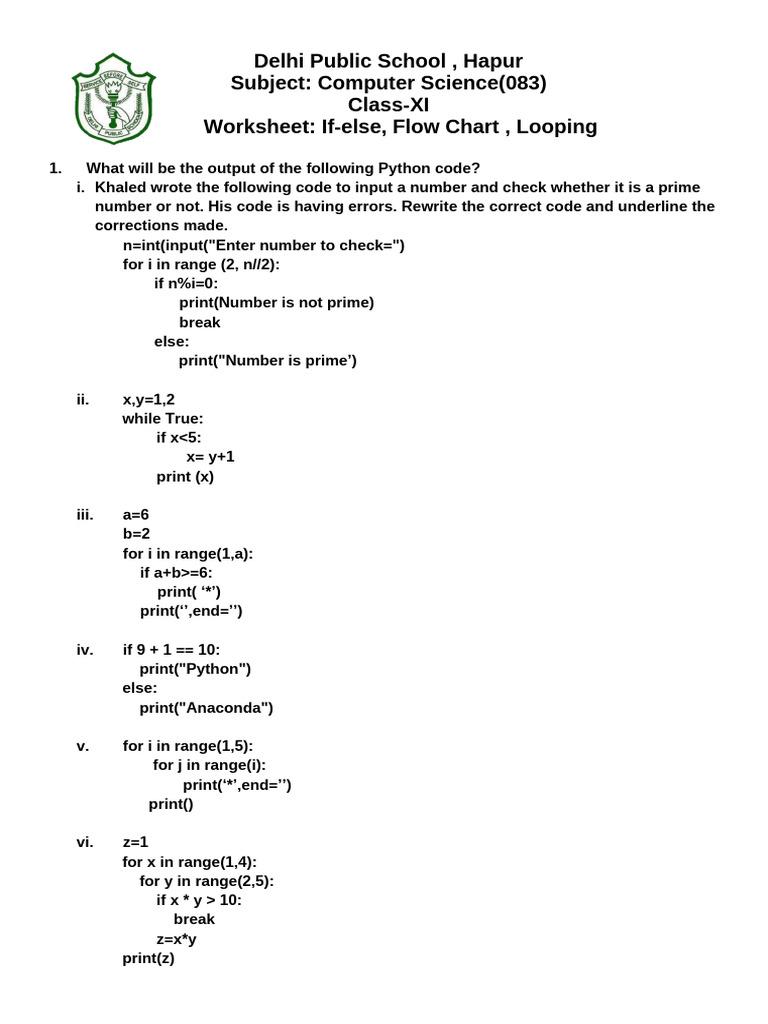 Worksheet Xi Looping Flow Chart If Else Pdf