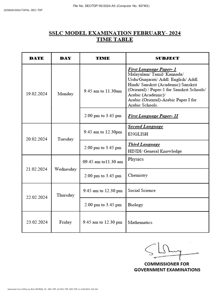 SSLC Model Time Table | PDF