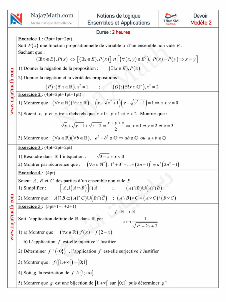 (Naja7mat) Devoir N° 1-Modèle 2-1 Bac SM-Semestre 1 | PDF