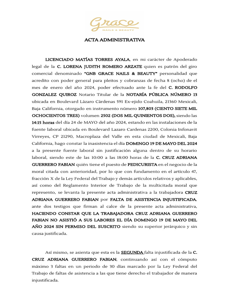 2da ACTA ADMINISTRATIVA POR FALTAS Cruz Grace | PDF