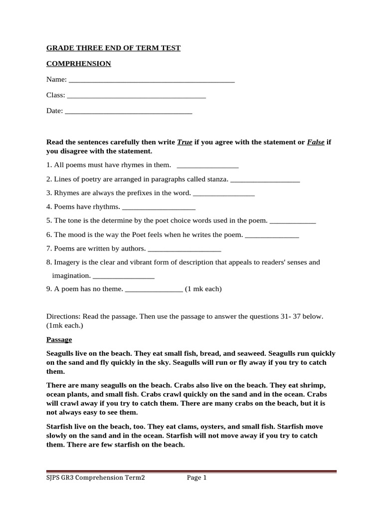 GRADE THREE END OF TERM TEST PDF