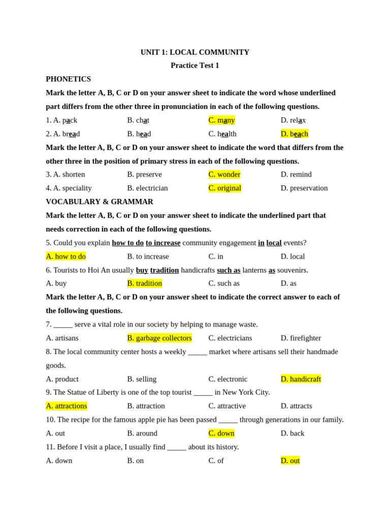 UNIT 1 - TIẾNG ANH 9 - GLOBAL SUCCESS PRACTICE TEST | PDF