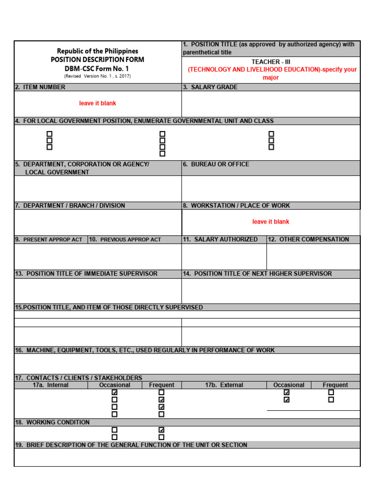 CS Form 1 Sample Revised 2017 Position Description Form | PDF