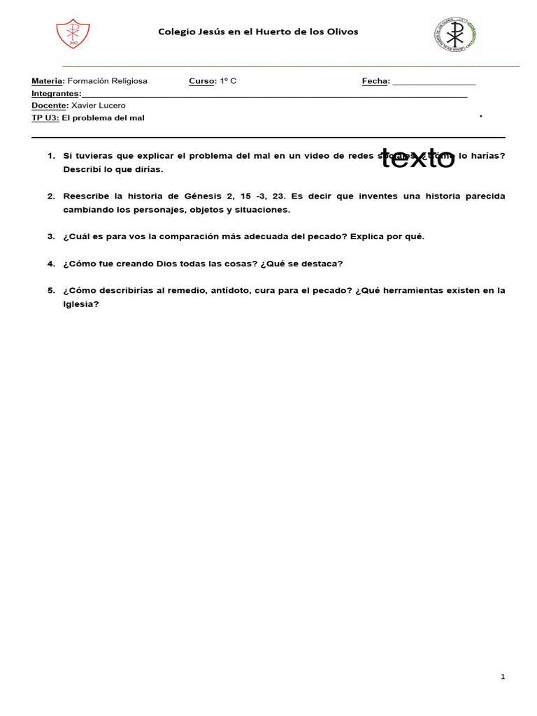 TP U3 1er Año_FReligiosa | PDF