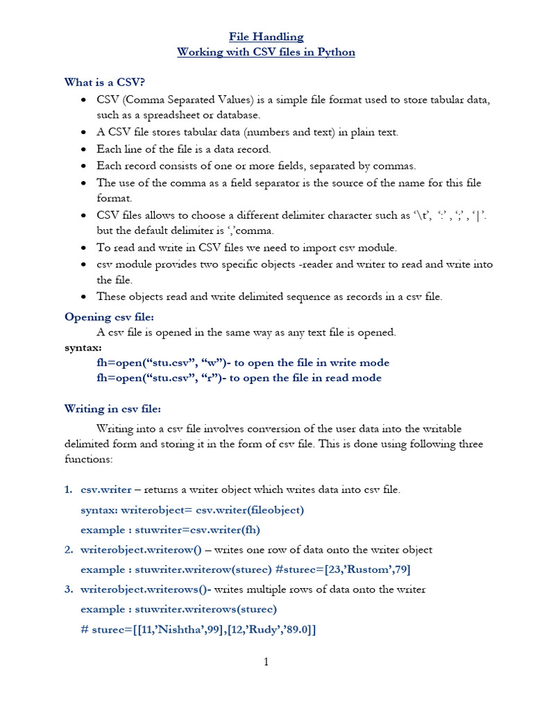 File Handling Working With CSV Files in Python What Is A CSV? | PDF