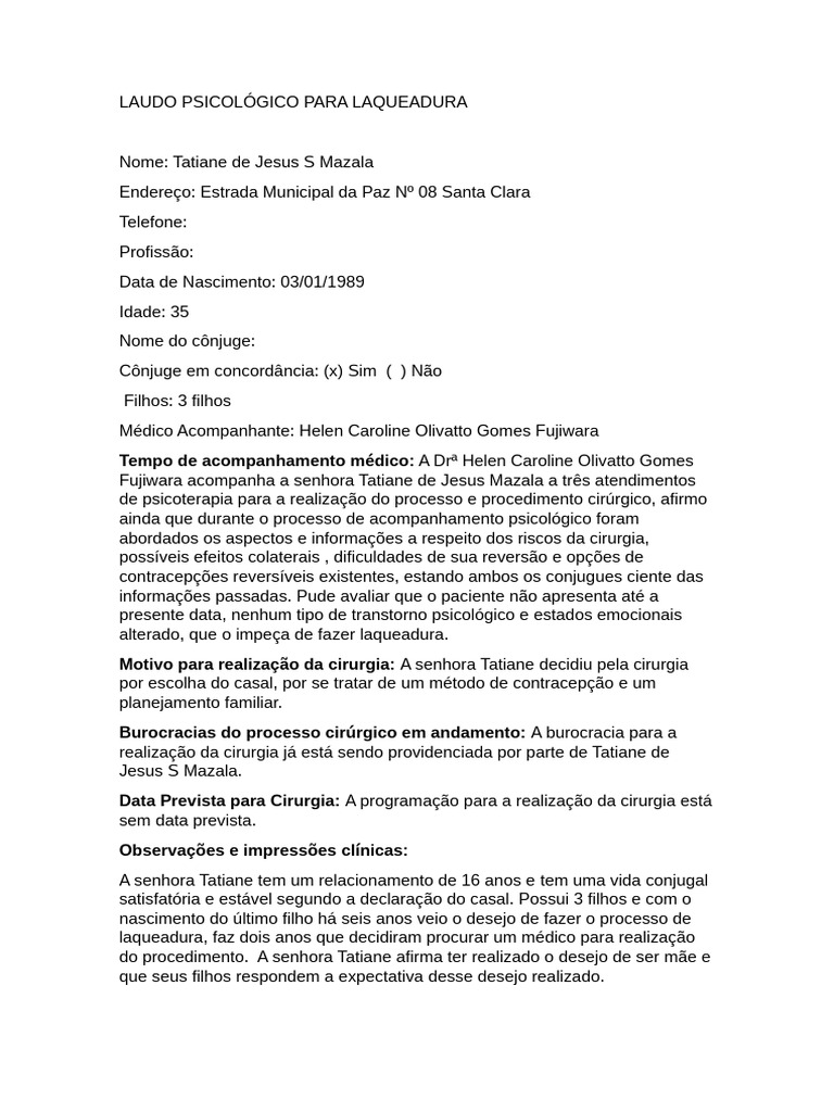 LAUDO PSICOLÓGICO PARA LAQUEADURA - Tatiane | PDF