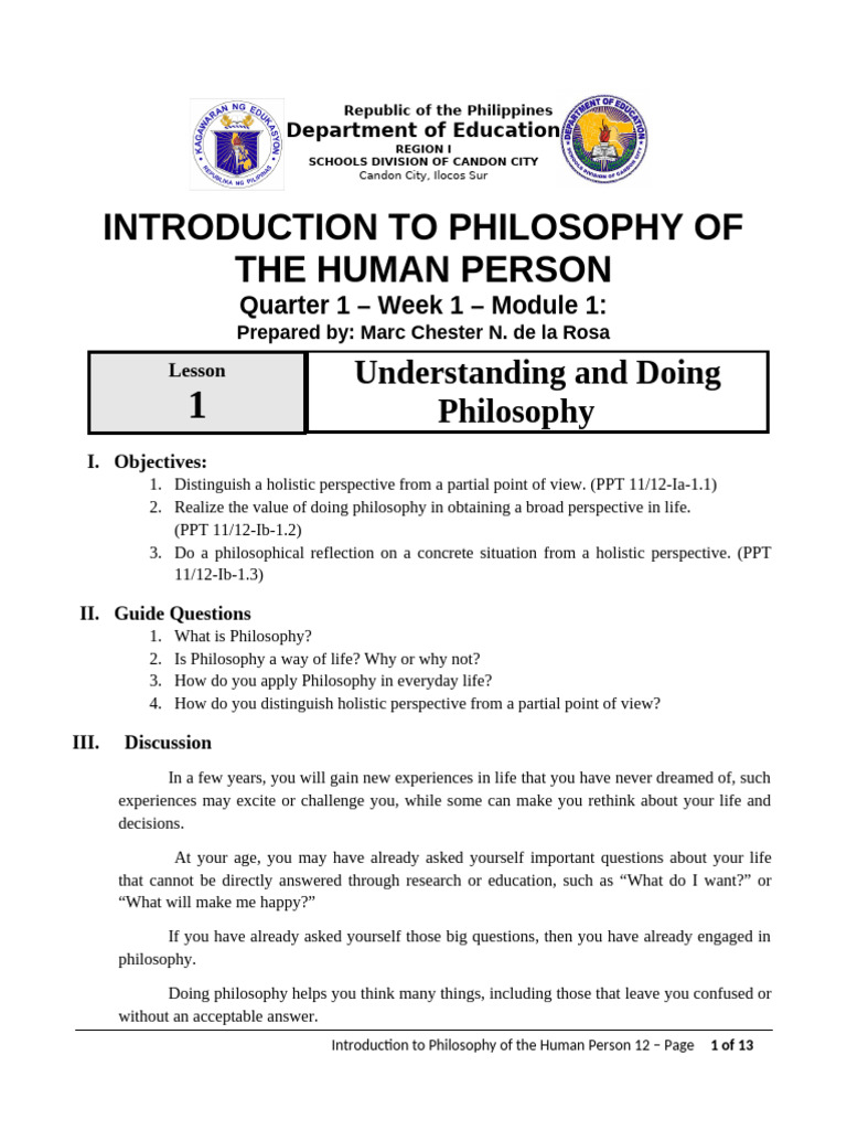 Intro. To Philo Q1 W1 Module1 Understanding and Doing Philosophy FINAL | PDF
