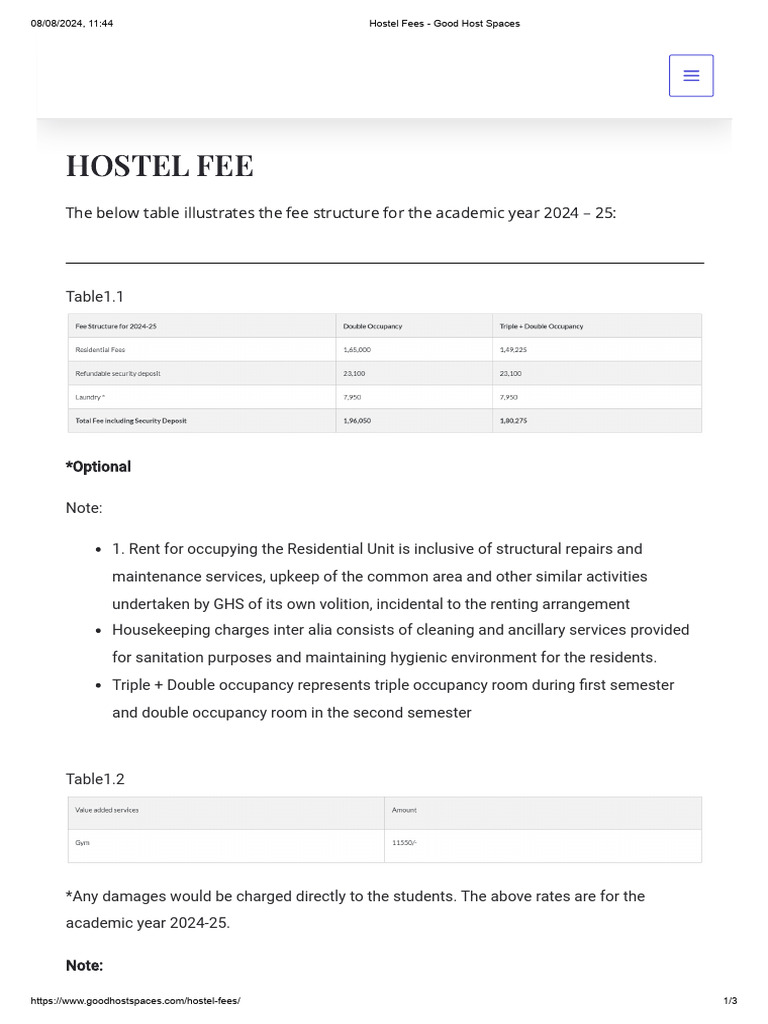Hostel Fees - Good Host Spaces | PDF